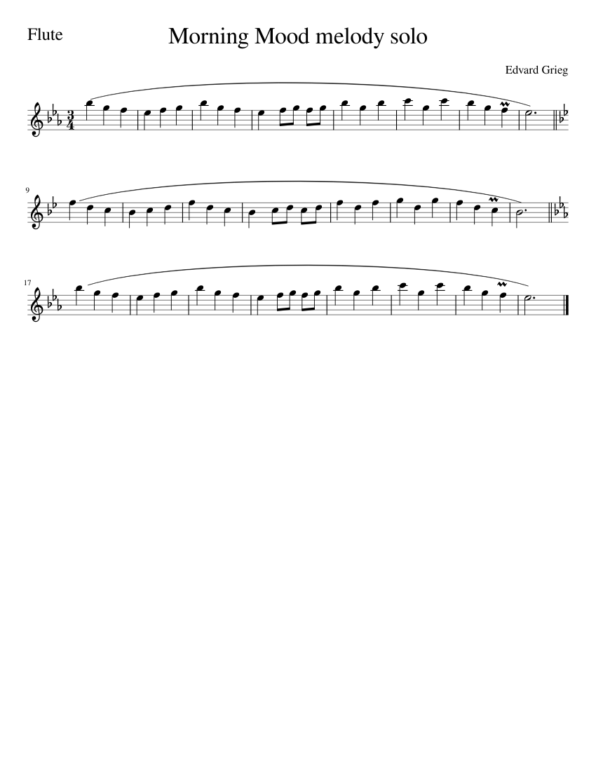 Morning Mood Eflat Major Flute melody solo Sheet Music for Piano (Solo ...