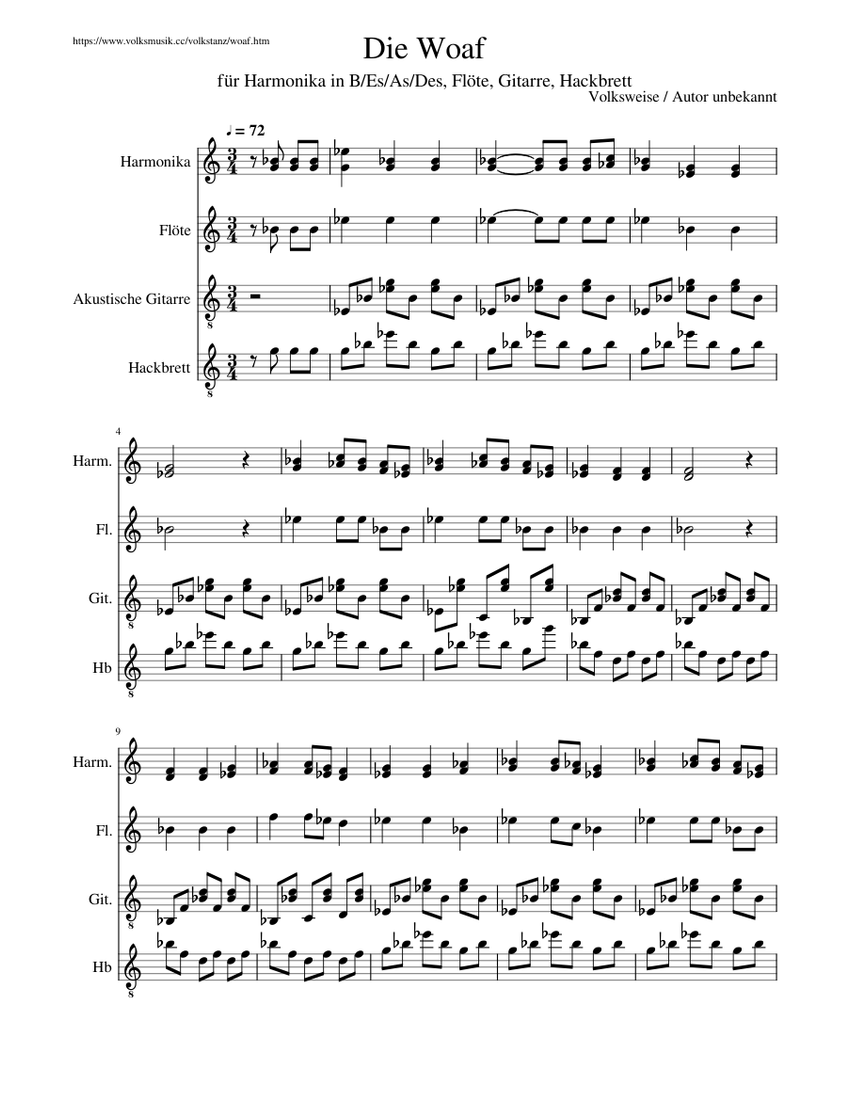Die Woaf (Menuett Version) Sheet music for Flute, Guitar, Harmonica ...