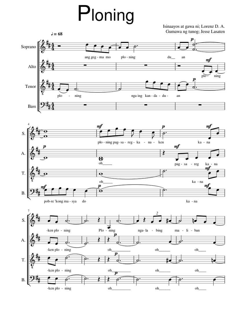 PLONING - (Part I) Sheet Music for Soprano, Alto, Tenor, Bass voice ...