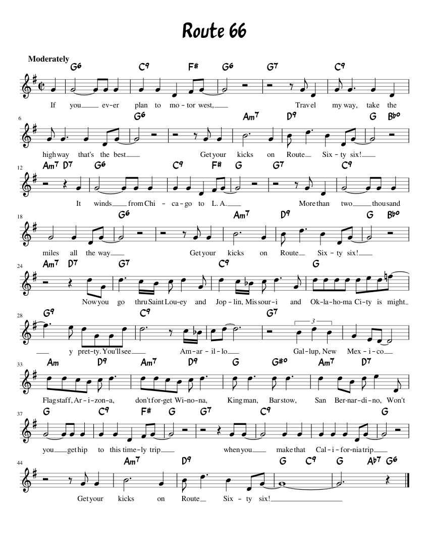 Route 66 – Nat King Cole Sheet Music with Chords for Trumpet in b-flat ...