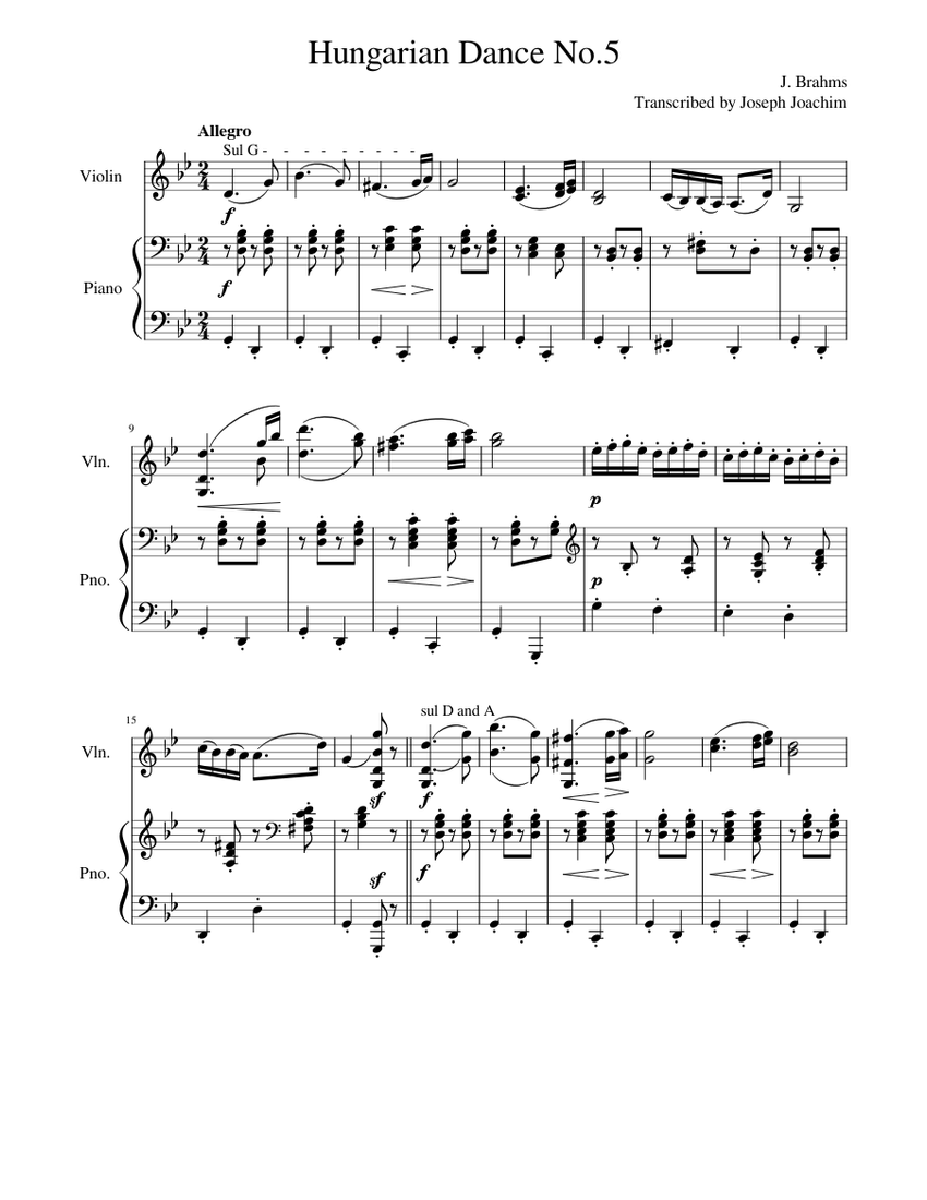 Hungarian Dance No.5 Sheet Music for Piano, Violin (Solo) | MuseScore.com