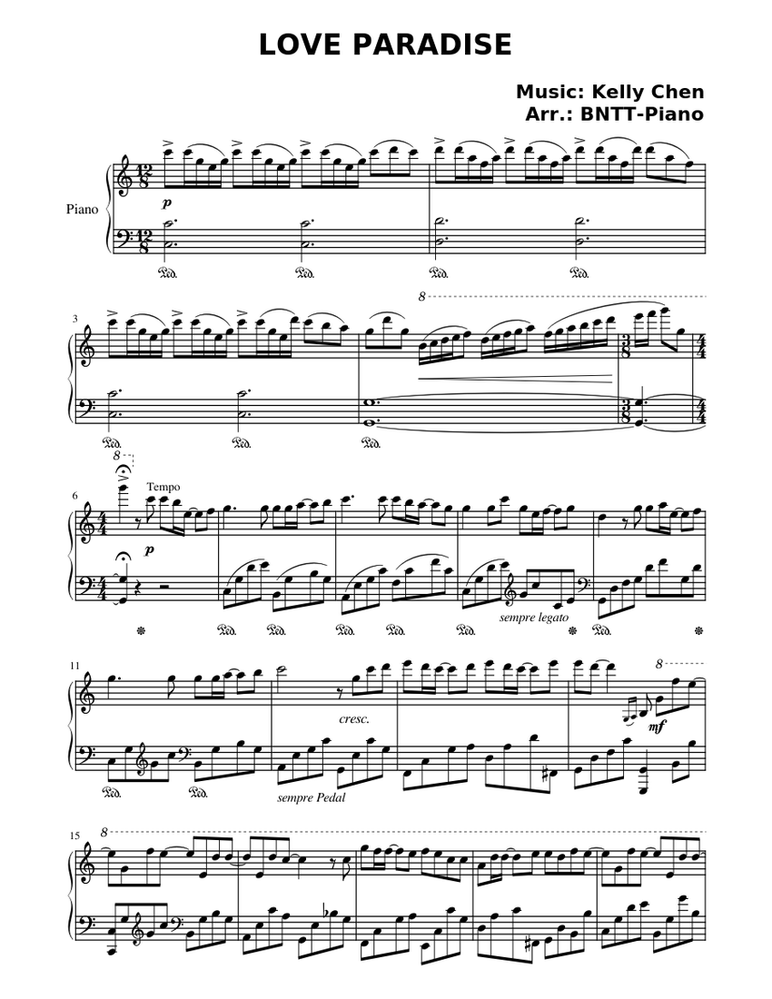LOVE PARADISE – Kelly Chen Sheet Music for Piano (Solo) | MuseScore.com