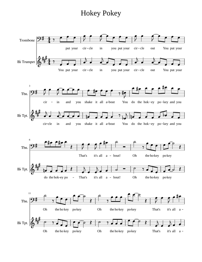 Hokey Pokey Sheet Music for Trombone, Trumpet in b-flat (Brass Duet ...