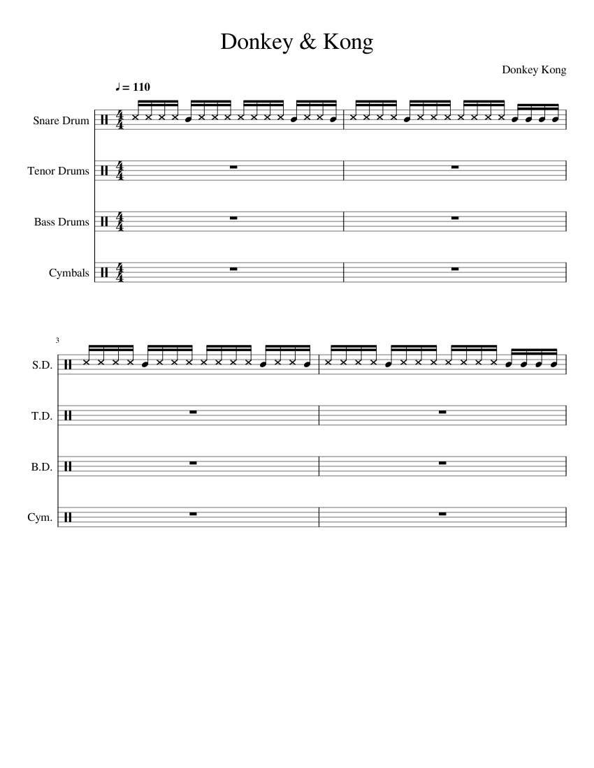 DONKEY KONG Sheet music for Snare drum, Crash, Tenor drum, Bass drum ...