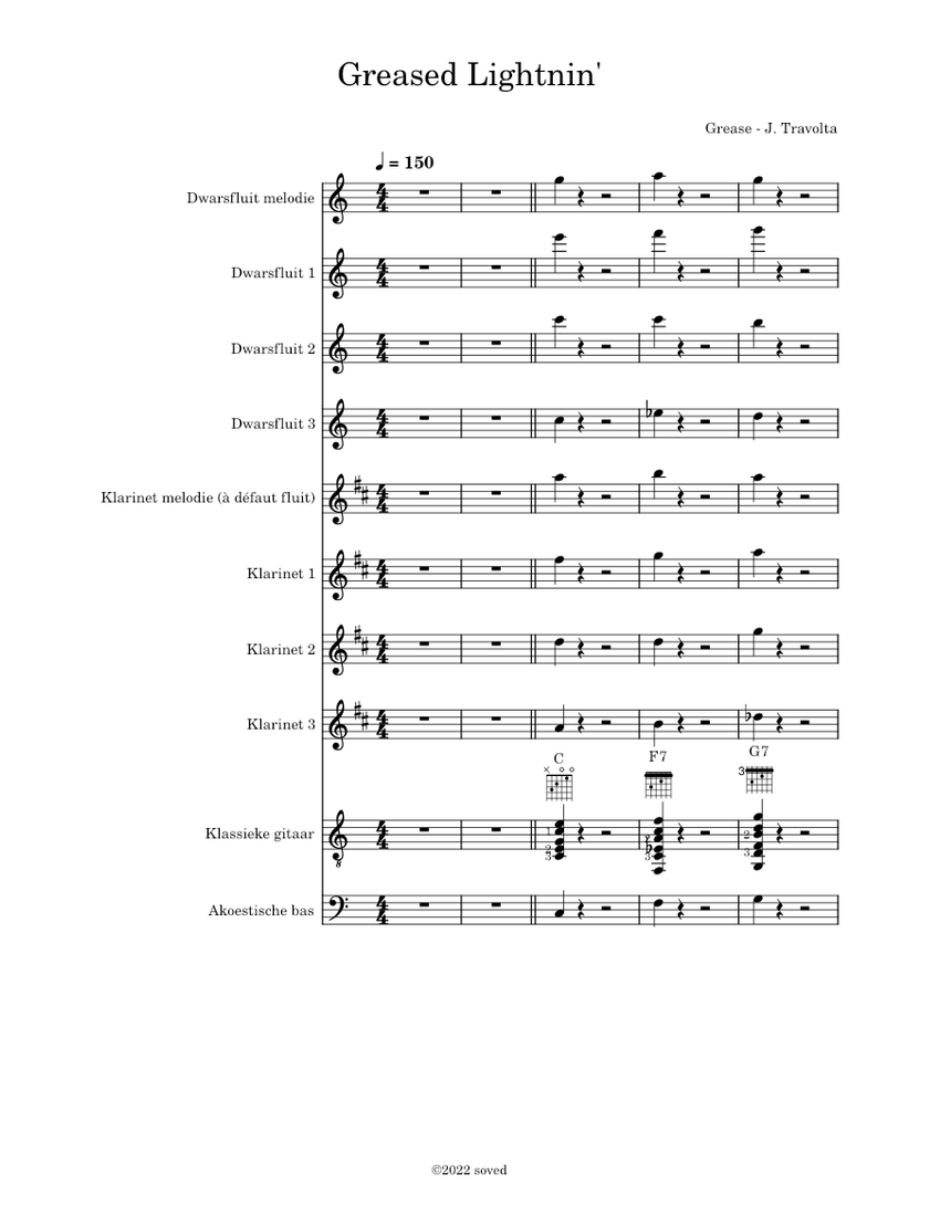 Greased Lightnin' – Grease Musical, John Travolta Sheet music for Flute ...