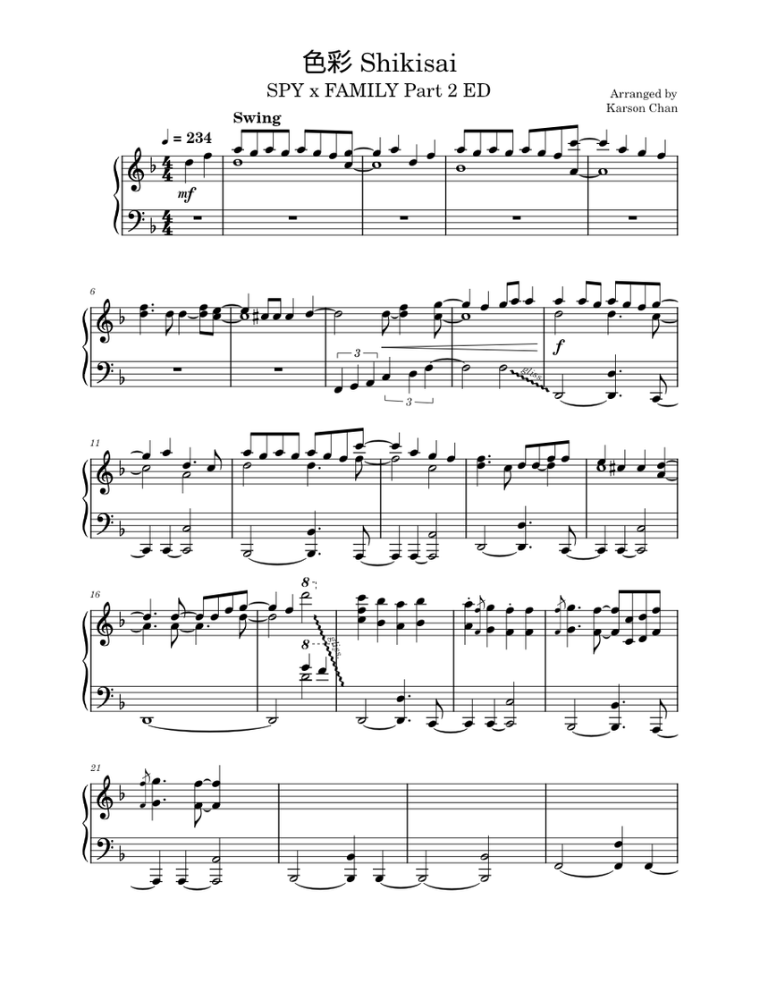 [Preview] 色彩 Shikisai (SPY x FAMILY 間諜家家酒 Part 2 ED) Sheet music for Piano (Solo) | Musescore.com