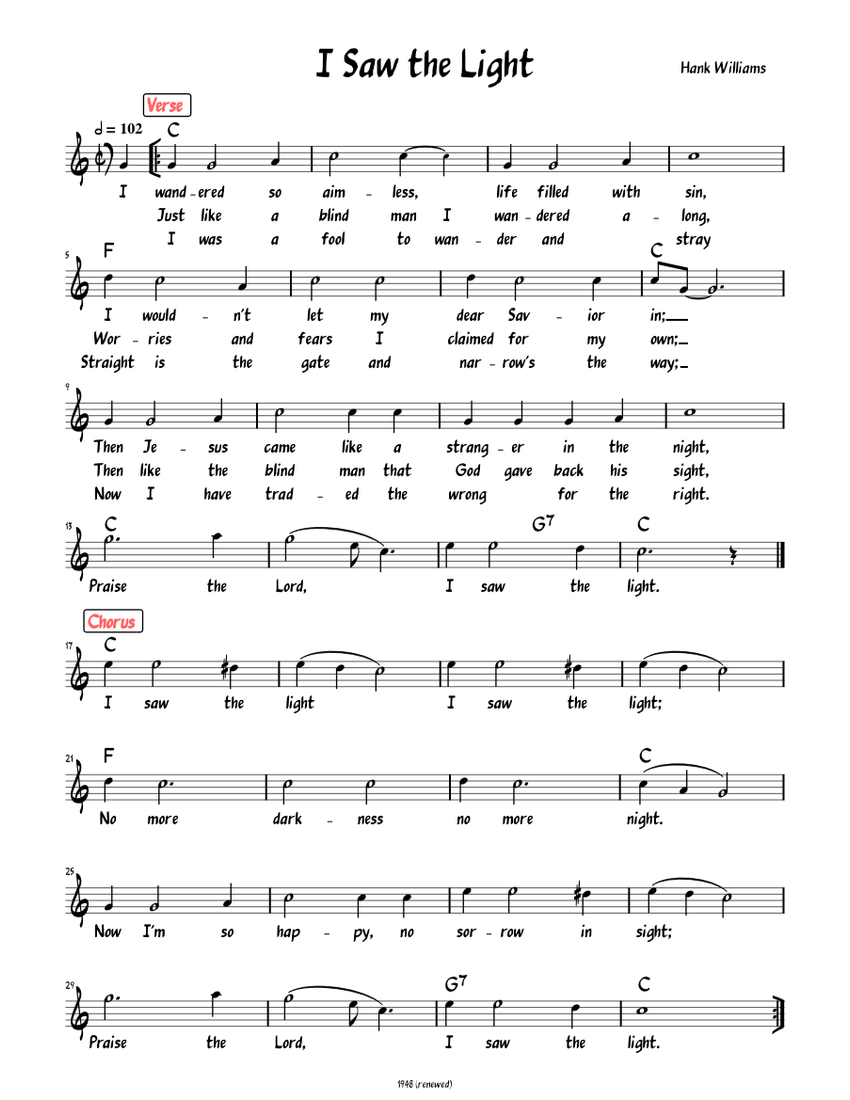 I Saw the Light (Lead sheet with lyrics ) Sheet Music with Chords for ...
