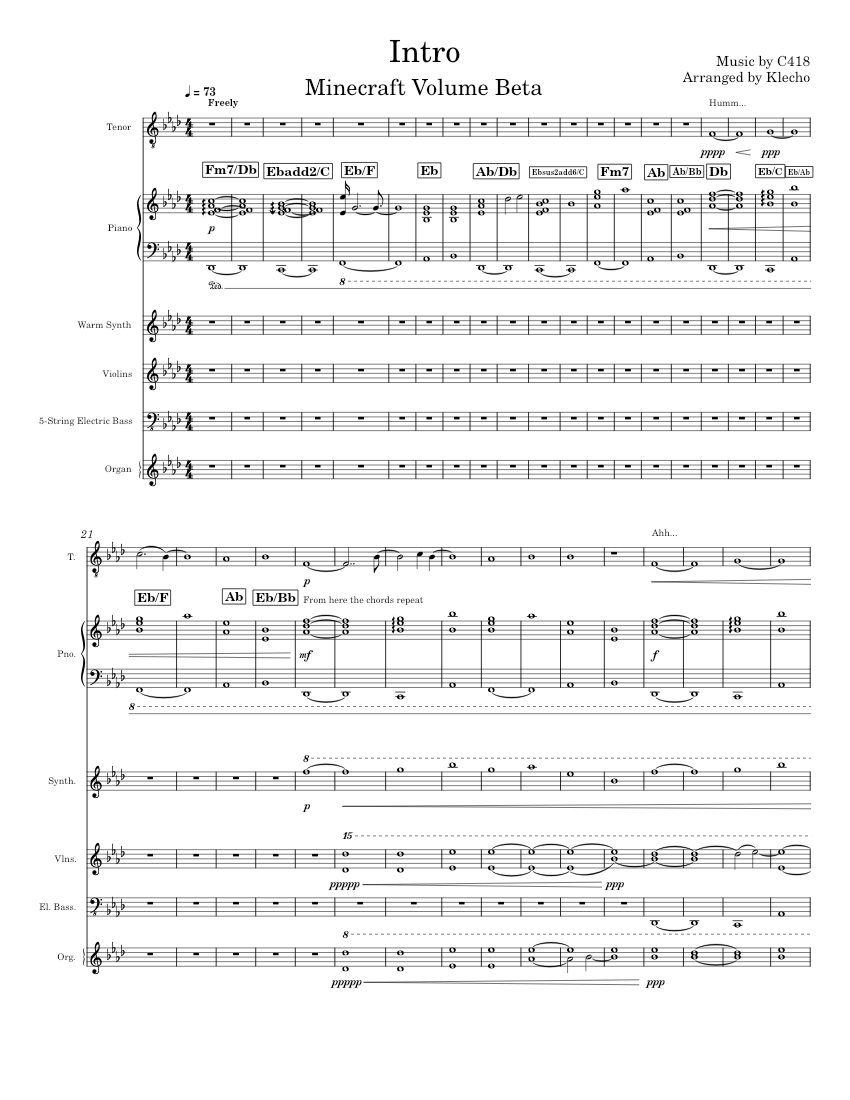 INTRO - Minecraft Volume Beta (C418) Sheet Music for Piano, Tenor ...
