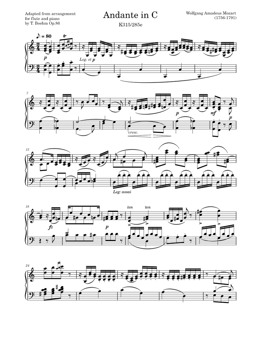 Andante in C major, K.315/285e – Wolfgang Amadeus Mozart Sheet Music ...