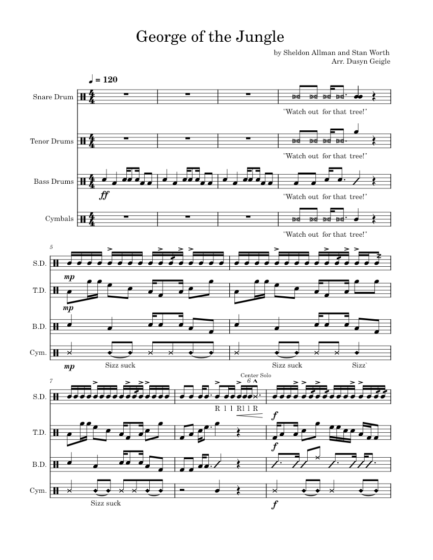 George of the Jungle Sheet music for Snare drum, Crash, Tenor drum ...