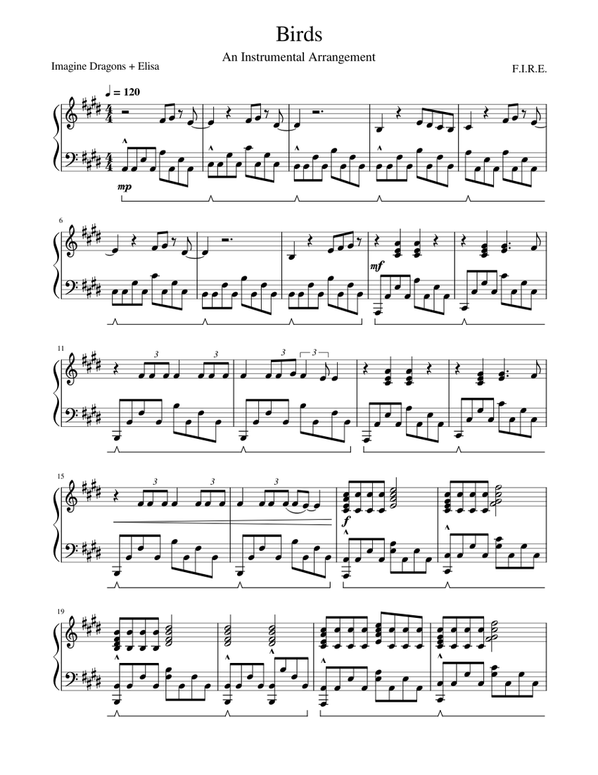 Imagine Dragons + Elisa – Birds Sheet Music for Piano (Solo ...