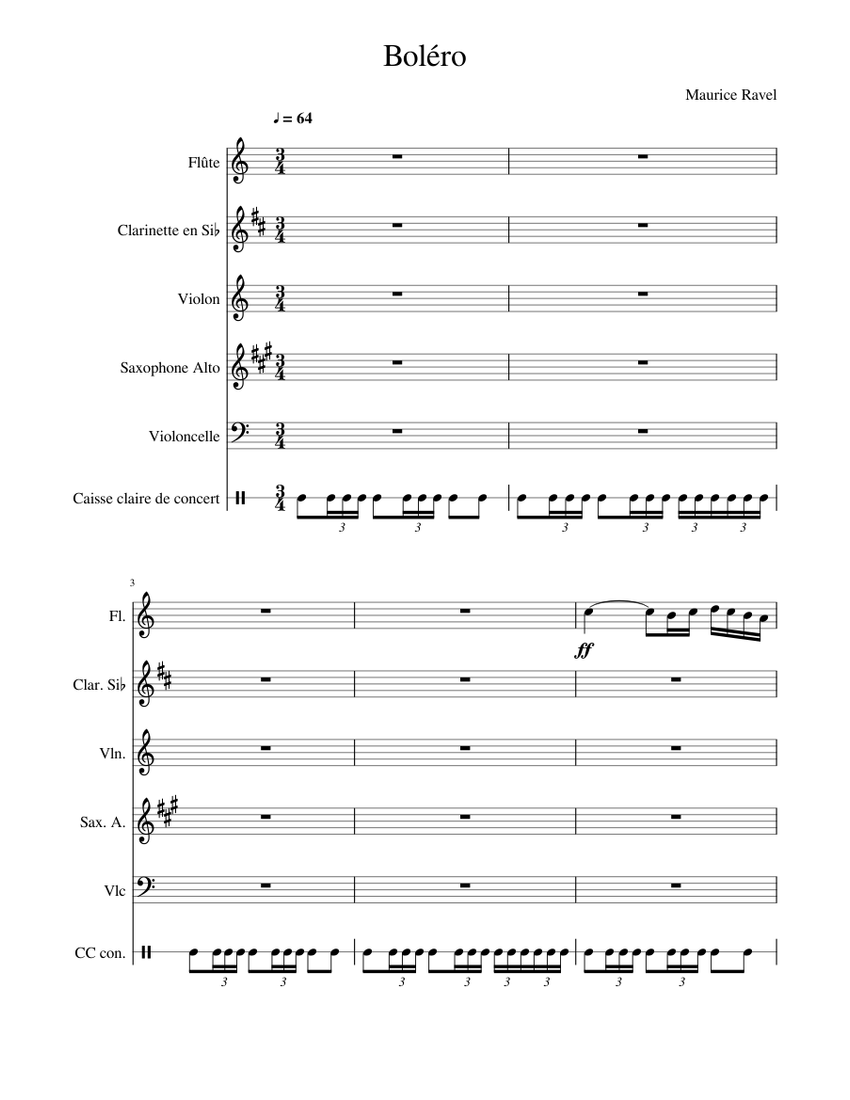 Ravel's Bolero Sheet music for Flute, Clarinet in b-flat, Saxophone ...