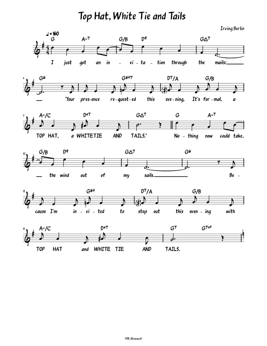 Top hat, White Tie and Tails (Lead sheet with verse and lyrics ) Sheet ...