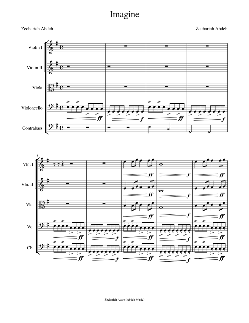 Imagine Sheet music for Contrabass, Violin, Viola, Cello (String ...