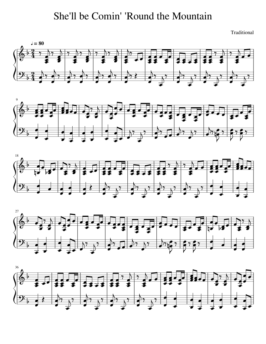 She'll be Comin' 'Round the Mountain Sheet Music for Piano (Solo) Easy ...