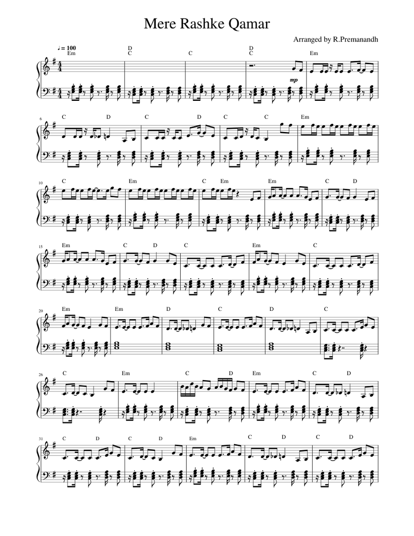 Mere Rashke Qamar Sheet music for Piano (Solo) | Musescore.com