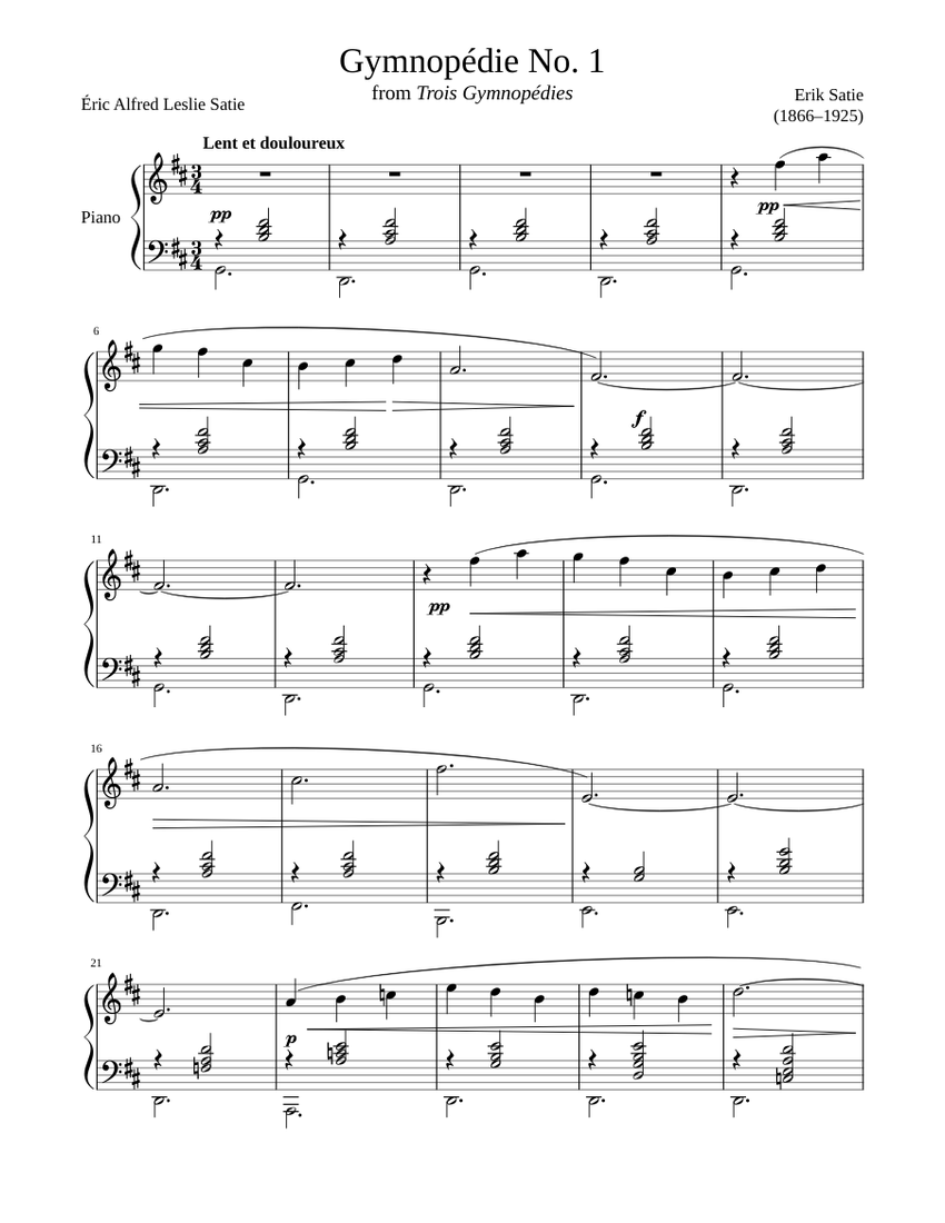 Gymnopedie No 1 Sheet Music for Piano (Solo) Easy | MuseScore.com