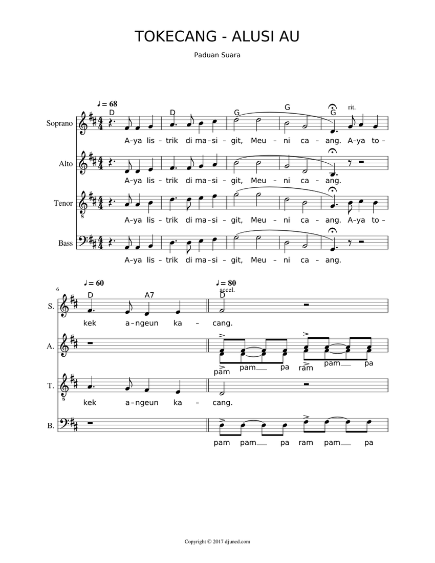 TOKECANG - ALUSI AU Sheet Music for Soprano, Alto, Tenor, Bass voice ...