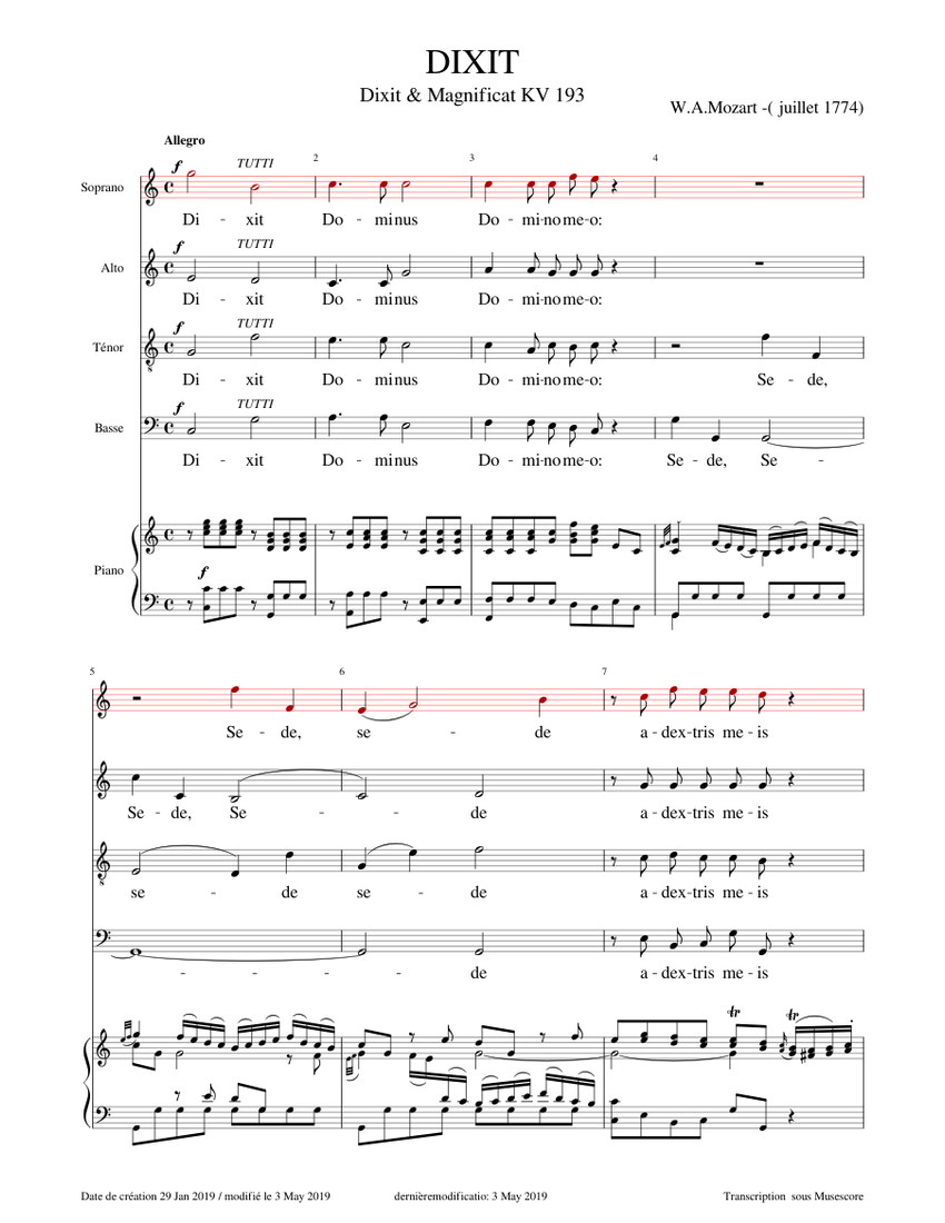 Mozart - Dixit et Magnificat, KV 193: 01 Dixit, pupitre Soprano Sheet music for Piano, Alto ...