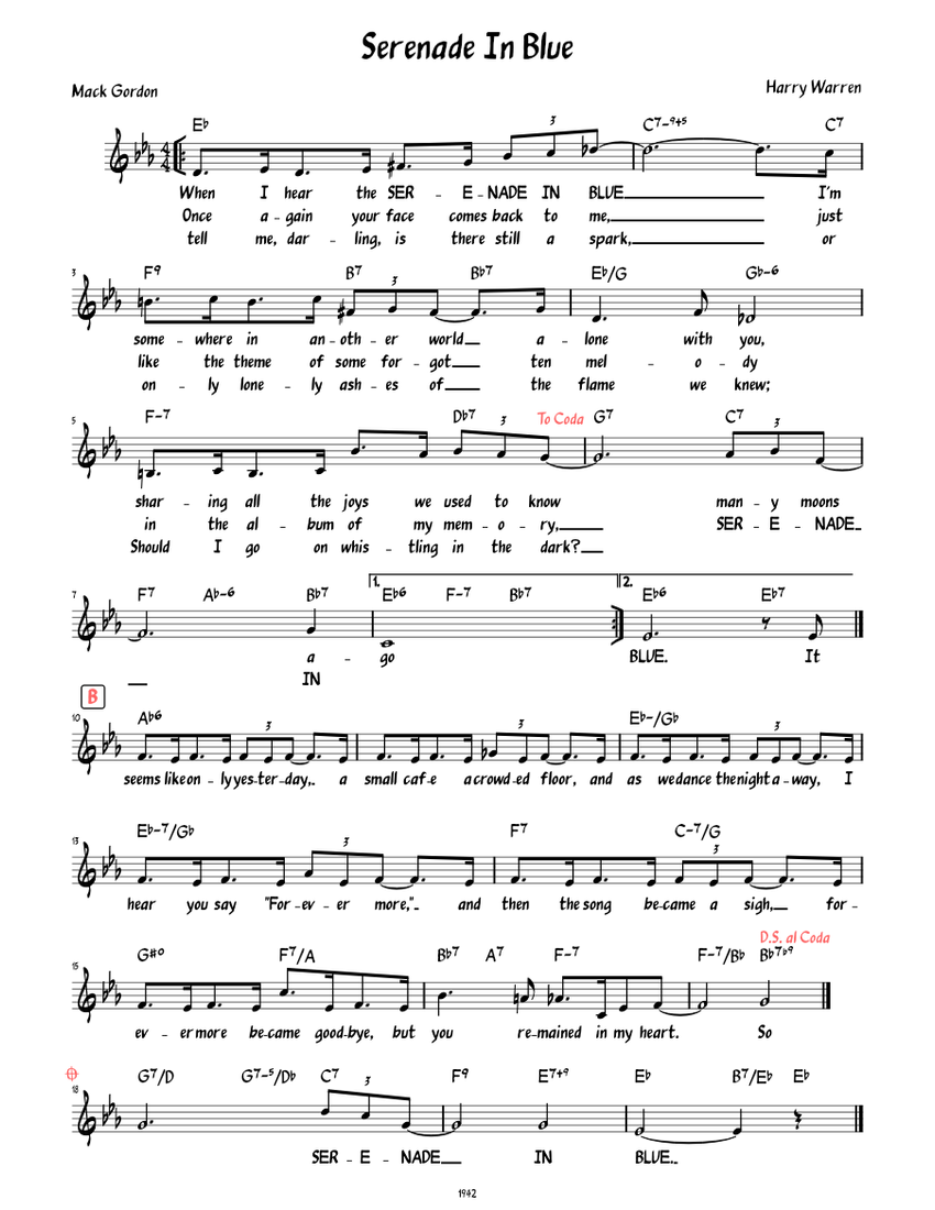 Serenade In Blue (Lead sheet with lyrics ) Sheet Music with Chords for ...