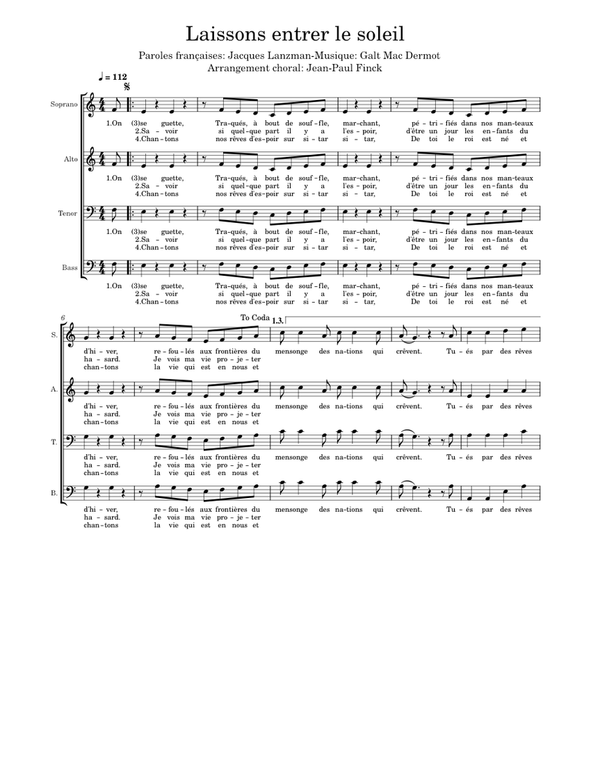 Laissons entrer le soleil – Lanzman, Jacques and Mac Dermot, Galt Sheet music for Soprano, Alto ...