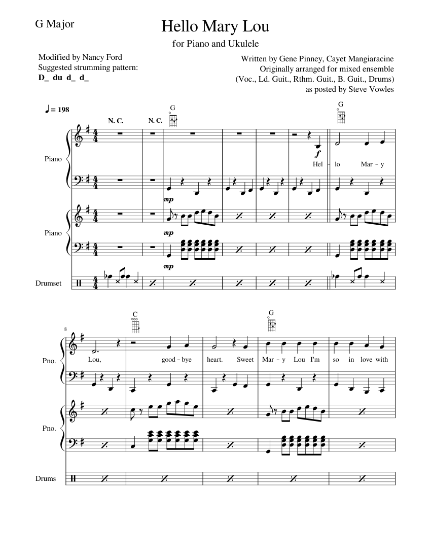 Hello Mary Lou (G Major) – Ricky Nelson (Ukulele and Piano) Sheet Music ...