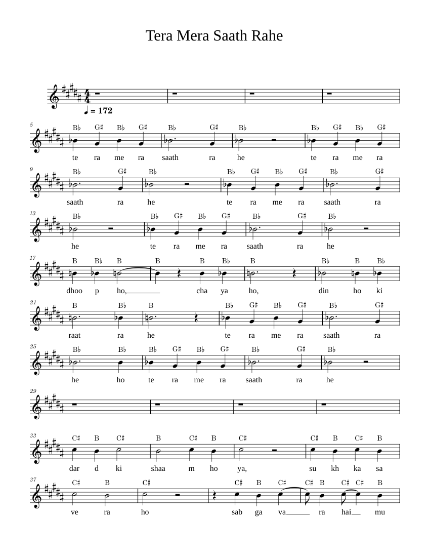 Tera Mera Saath Rahe – Lata Mangeshkar Sheet music for Piano (Solo ...