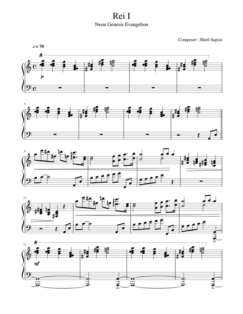 Neon Genesis Evangelion - Rei I Sheet Music for Piano (Solo ...