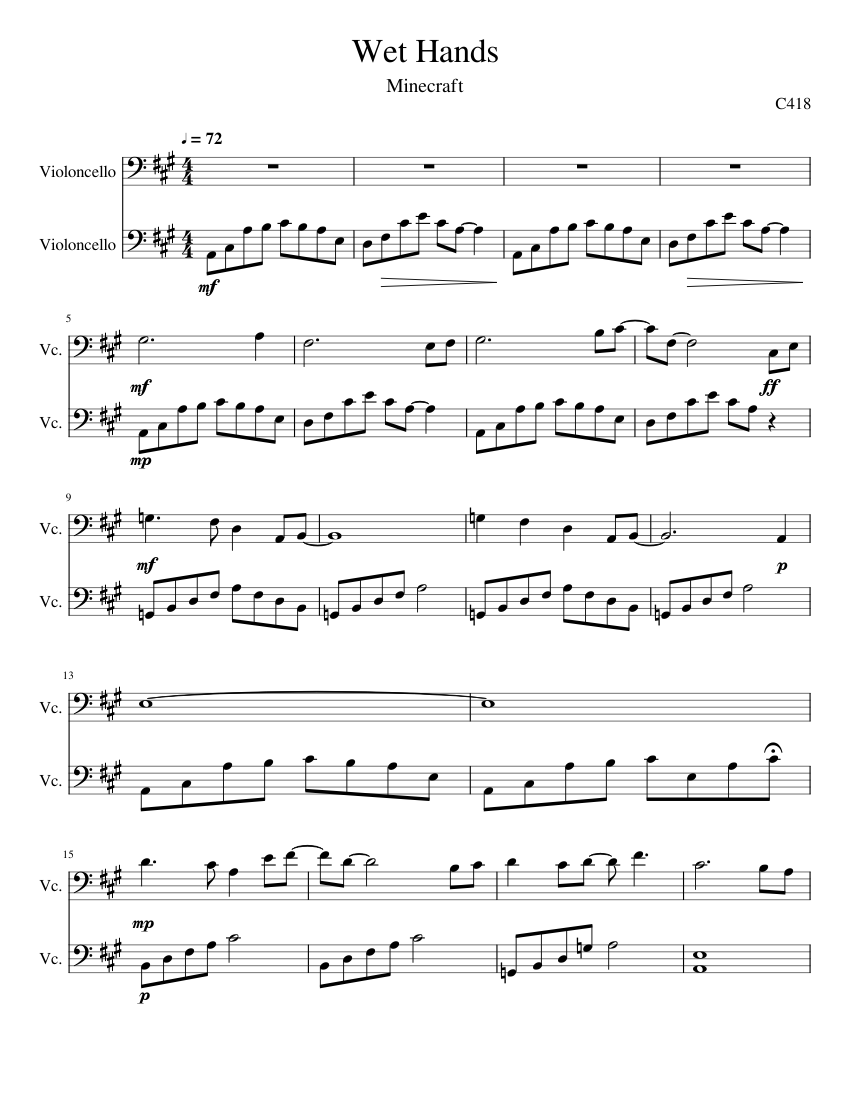 Minecraft: Wet Hands Sheet Music for Cello (String Duet) | MuseScore.com