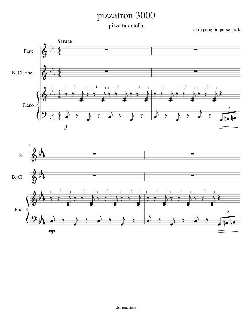 Pizzatron 3000 Club Penguin Sheet Music for Piano, Flute, Clarinet in b ...