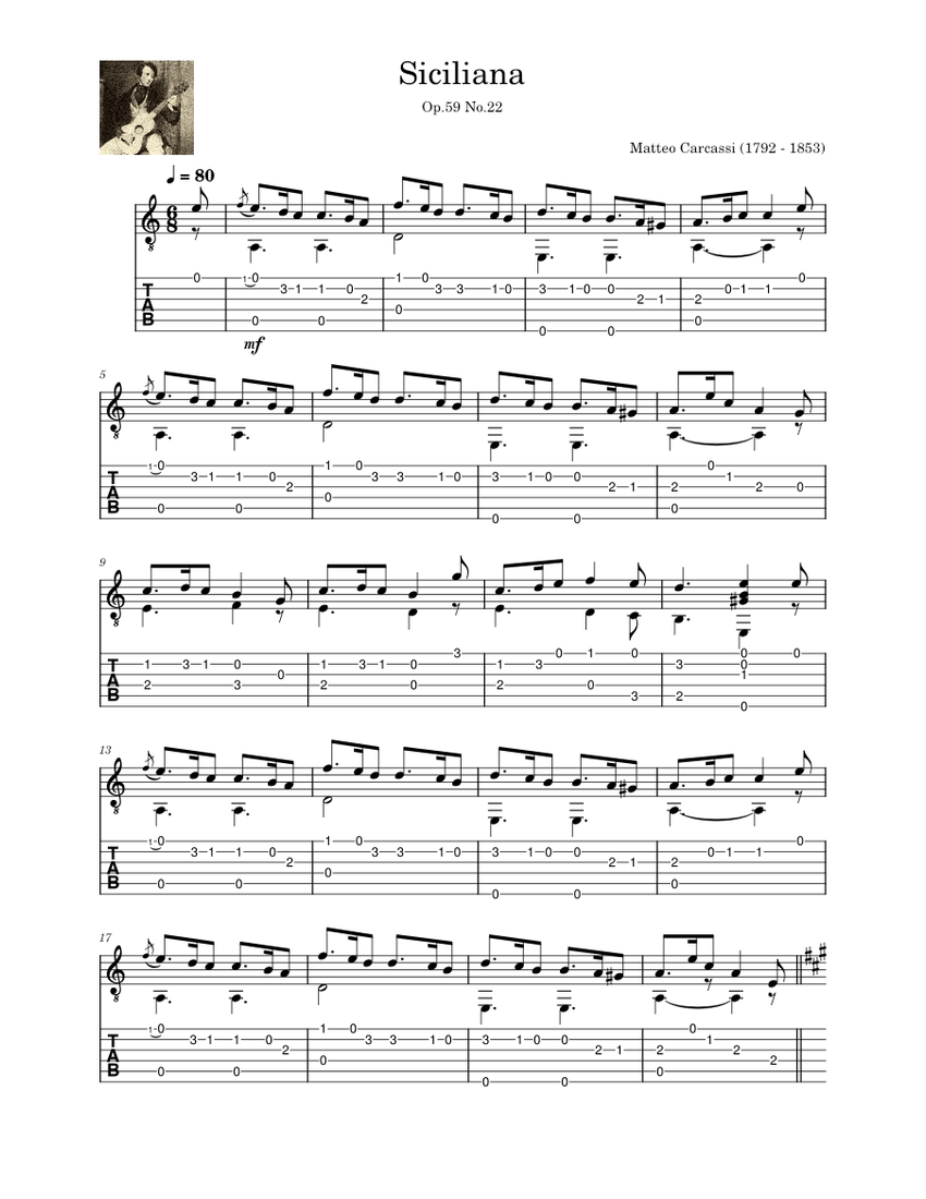 Matteo Carcassi - Siciliana - Tab Sheet music for Guitar (Solo ...