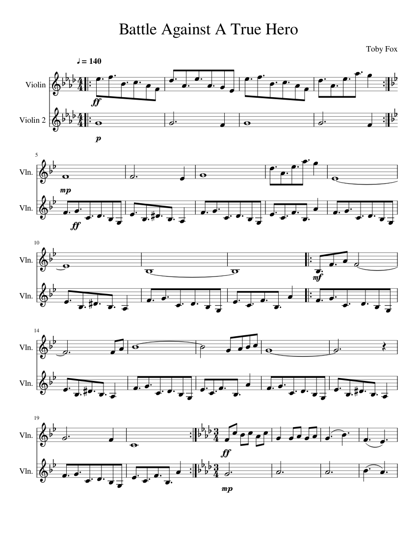 Battle Against A True Hero Sheet music for Violin (String Duet ...