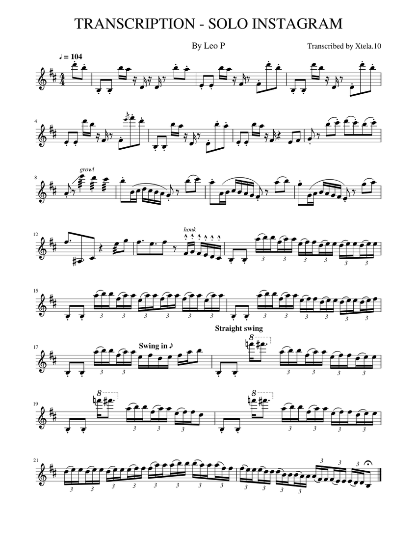 Transcription - Leo P - Bari sax solo Sheet Music for Saxophone ...