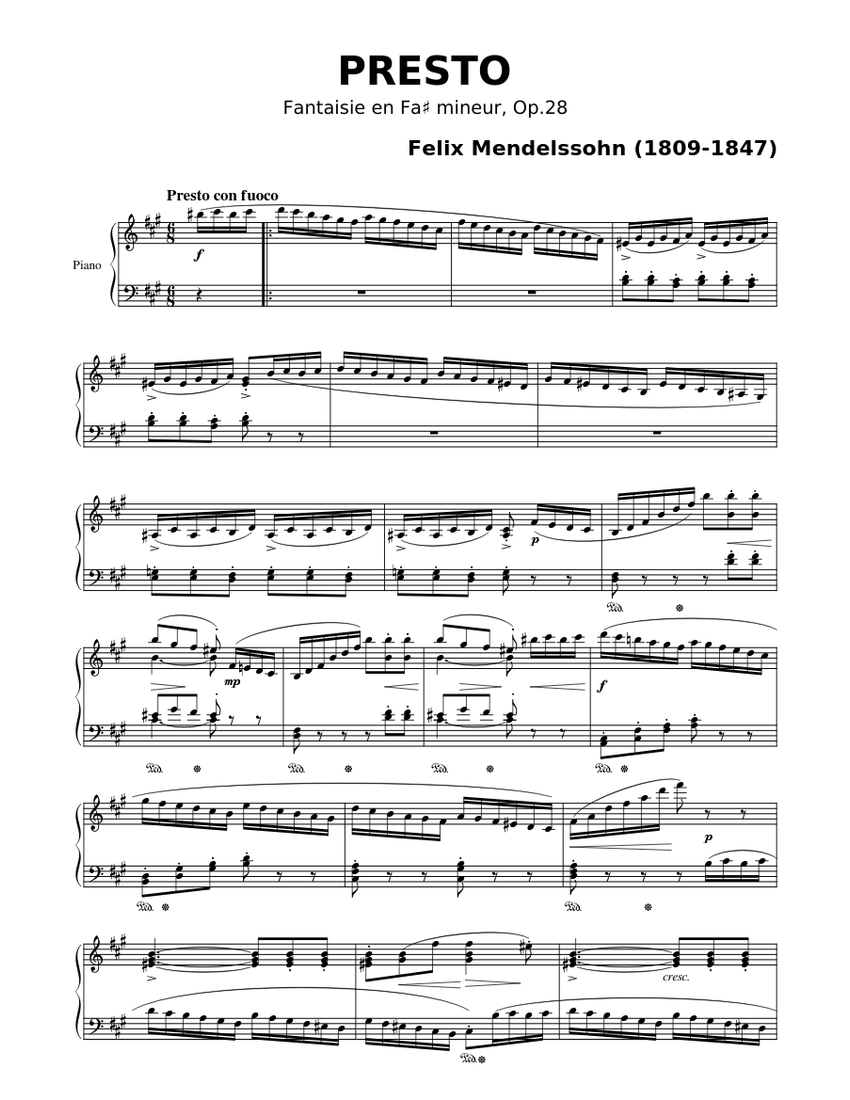 PRESTO – Felix Mendelssohn Sheet music for Piano (Solo) | Musescore.com