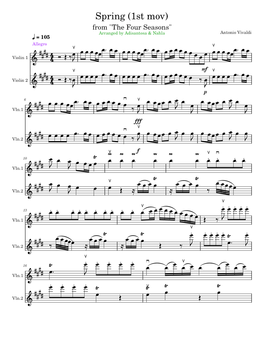The Four Seasons - Spring – Antonio Vivaldi (violin duet) Sheet Music ...