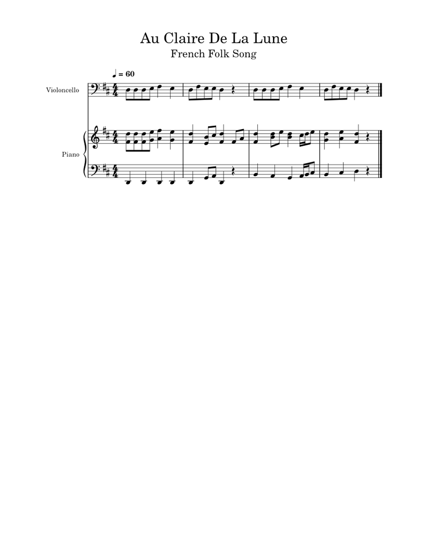 Au claire De La Lune Sheet music for Piano, Cello (Solo) | Musescore.com