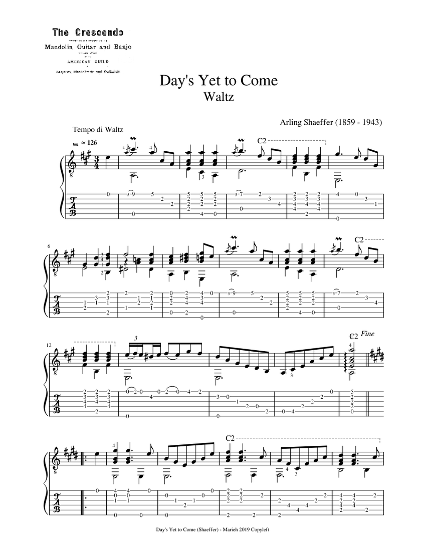 Day's Yet to Come - Shaeffer, Arling (1859 - 1943) - Tablature Sheet ...