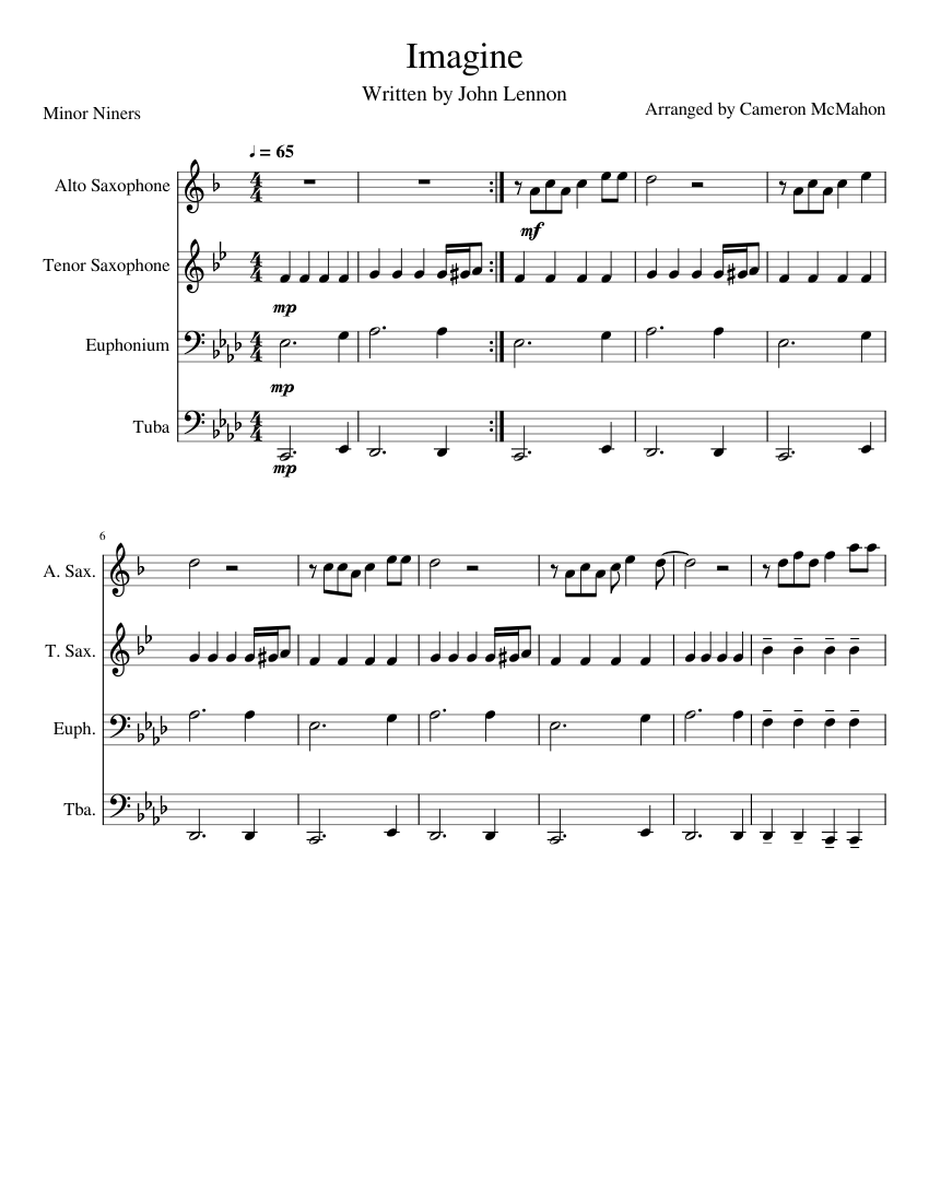 Imagine by John Lennon-for Minor Niners Sheet Music for Euphonium, Tuba ...