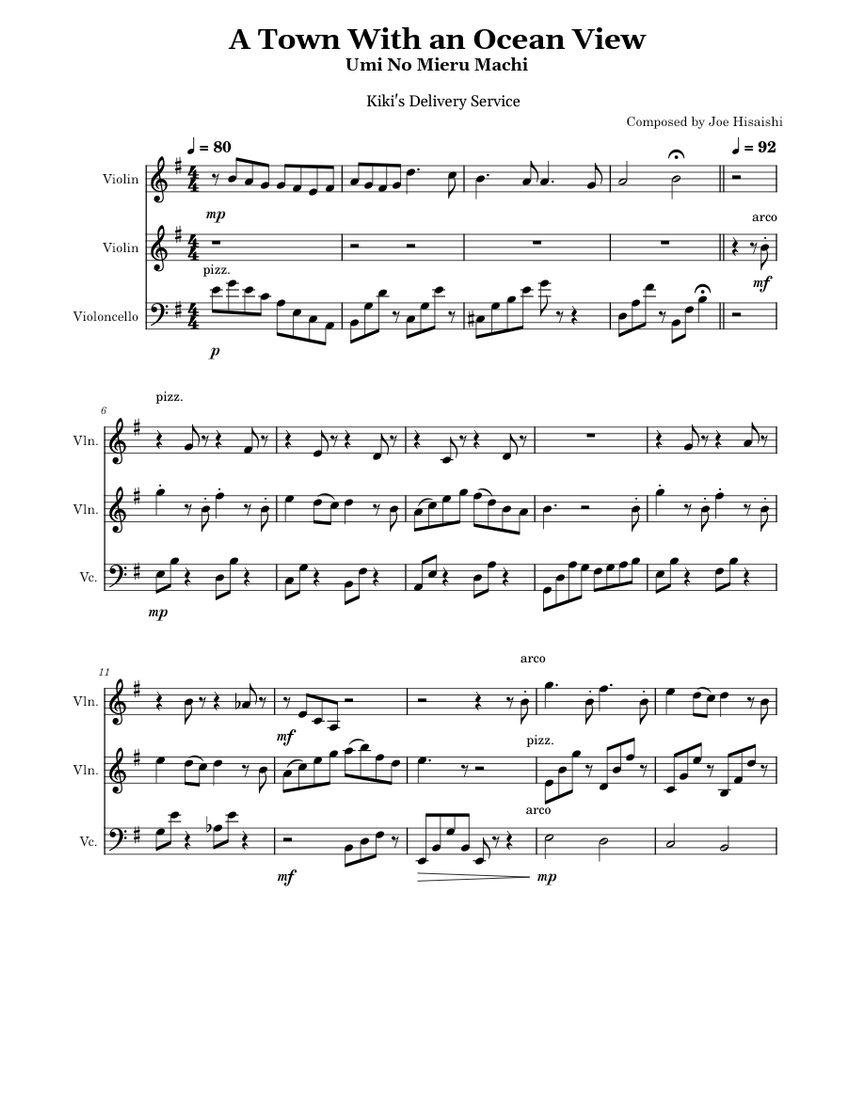 A town with an ocean view – Joe Hisaishi violin duo & cello Sheet Music ...