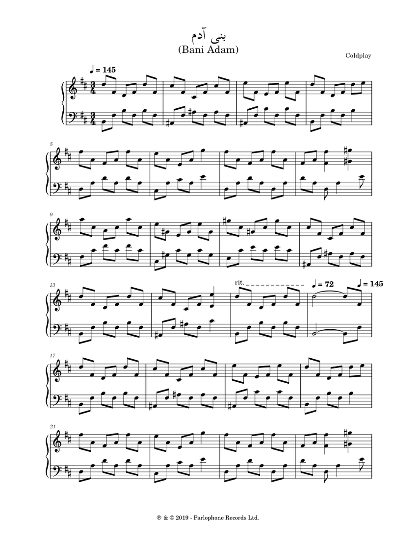 Bani Adam – Coldplay (Piano Solo) Sheet Music for Piano (Solo ...