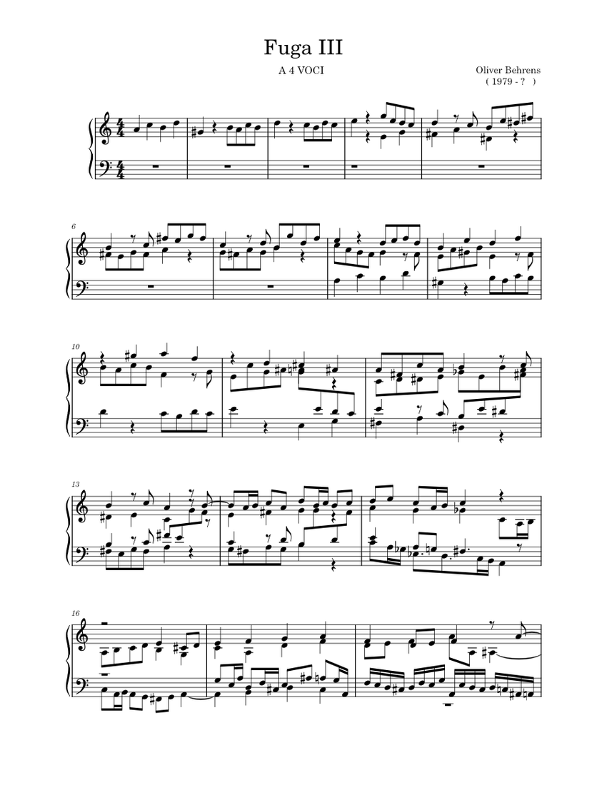 Fuga III - Oliver Behrens Sheet music for Piano (Solo) | Musescore.com