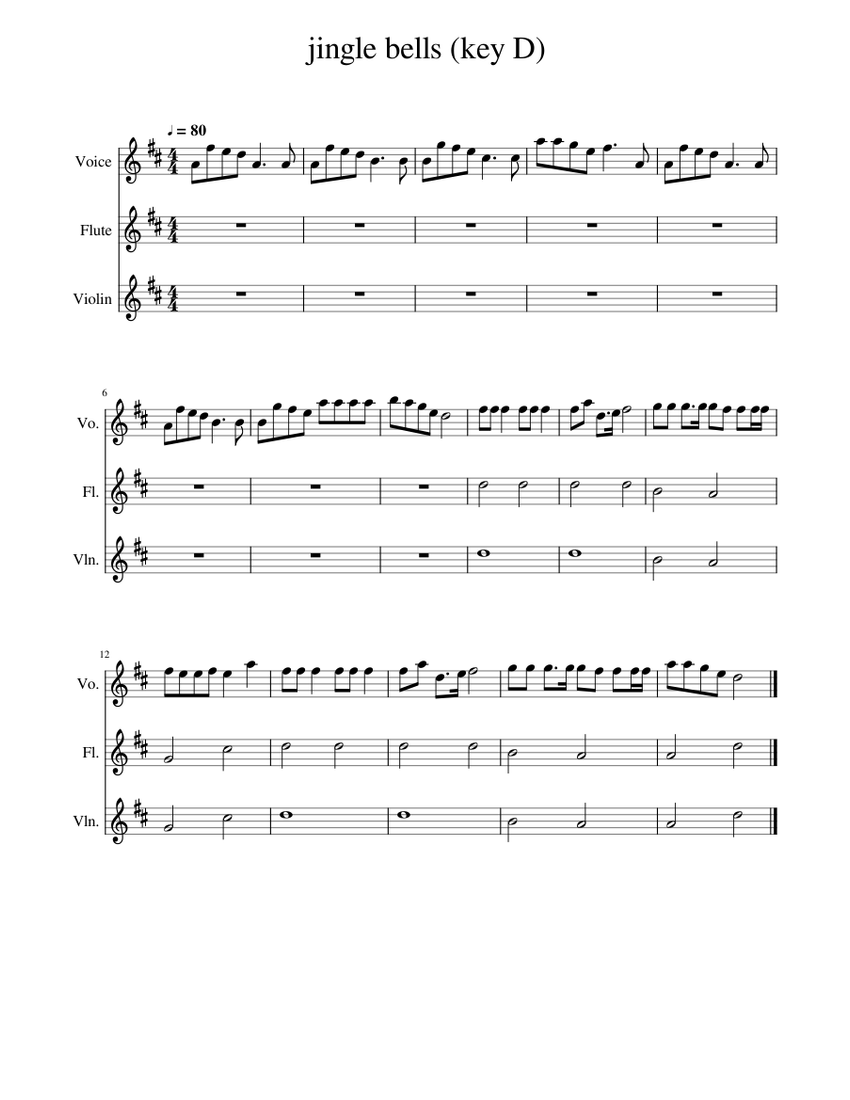 jingle bells (key D) for Violin Sheet Music for Vocals, Flute, Violin ...