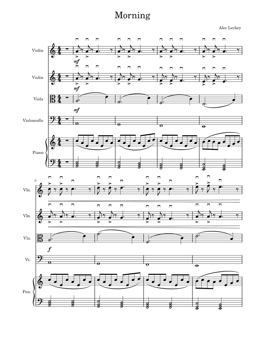 Morning Sheet Music for Piano, Violin, Viola, Cello (String Ensemble ...