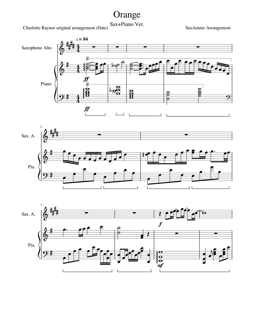 Orange Sax/Piano - Your Lie In April ED2 Sheet Music for Piano ...