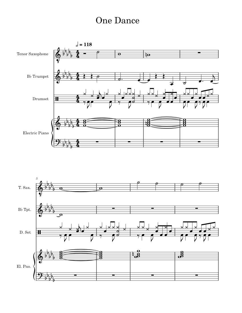 One Dance - Drake Sheet Music for Piano, Saxophone tenor, Trumpet in b ...