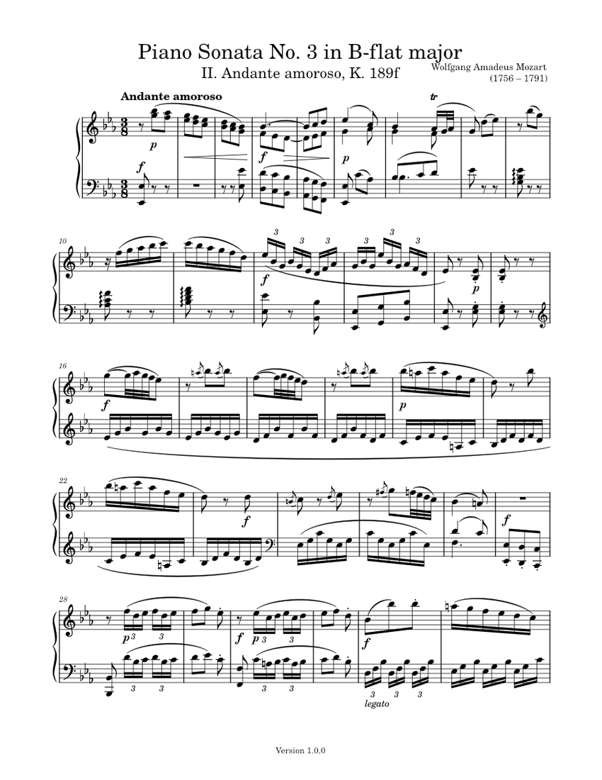[II. Andante amoroso] Piano Sonata No. 3 in B-flat major, K. 189f – W ...
