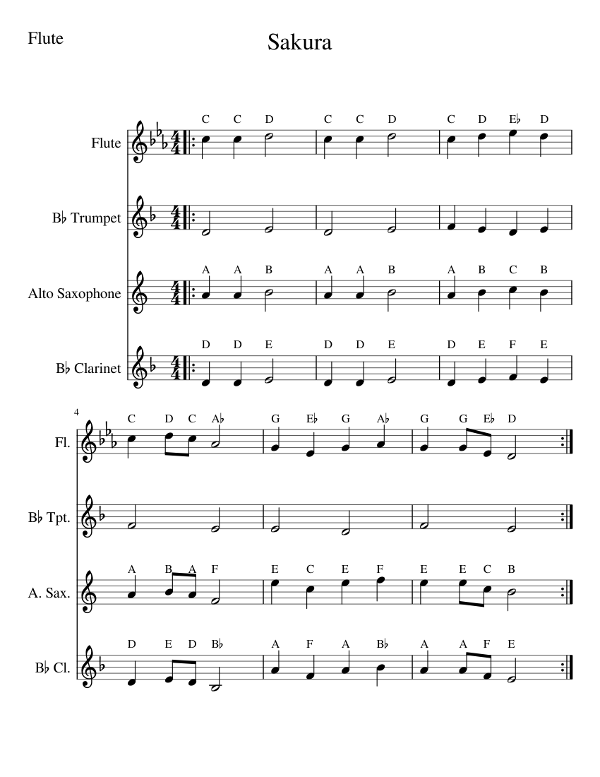 Sakura Arrangement Sheet Music for Flute, Clarinet in b-flat, Saxophone ...