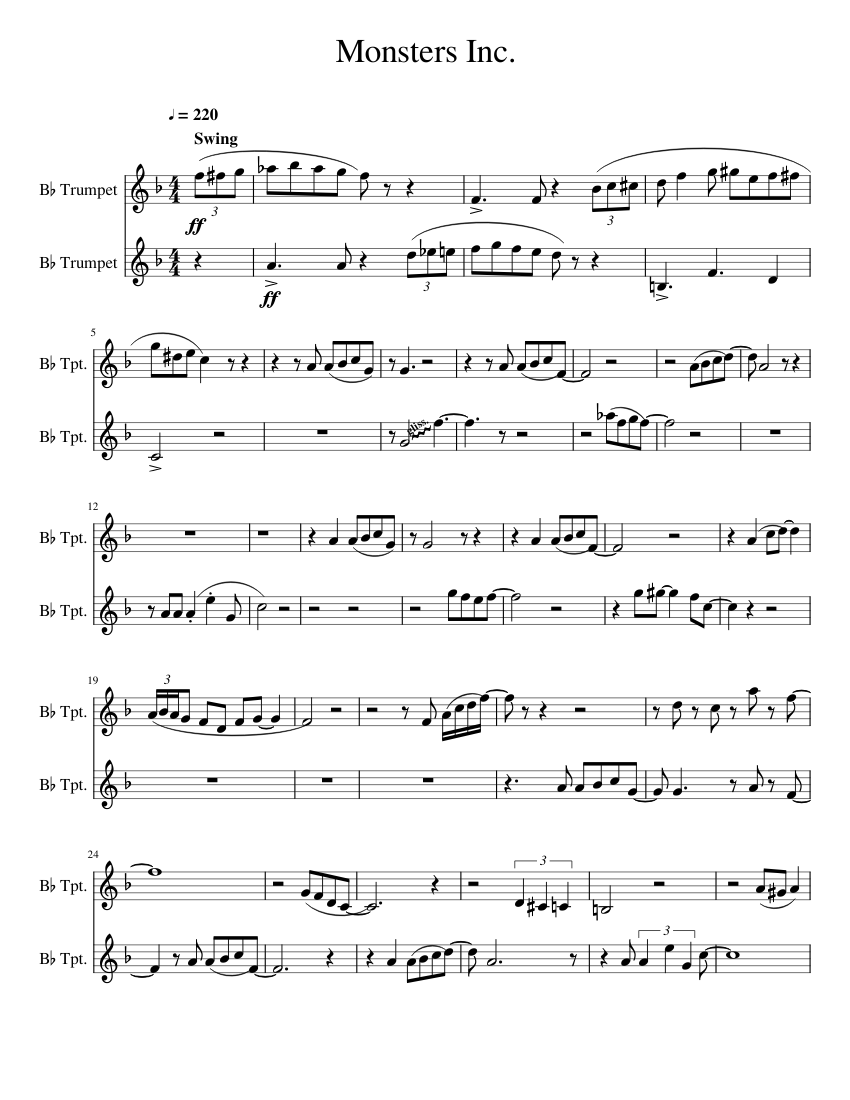Monster Inc Sheet music for Trumpet in b-flat (Brass Duet) | Musescore.com