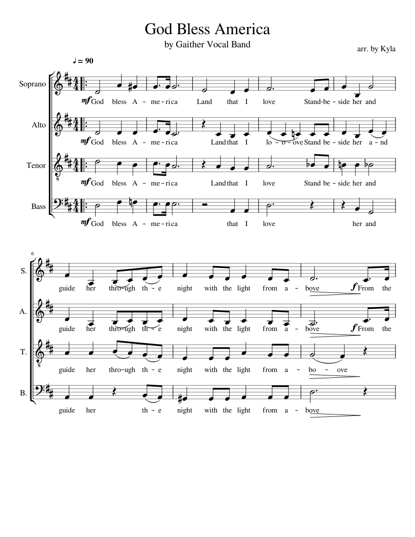 God Bless America Sheet Music for Soprano, Alto, Tenor, Bass voice ...