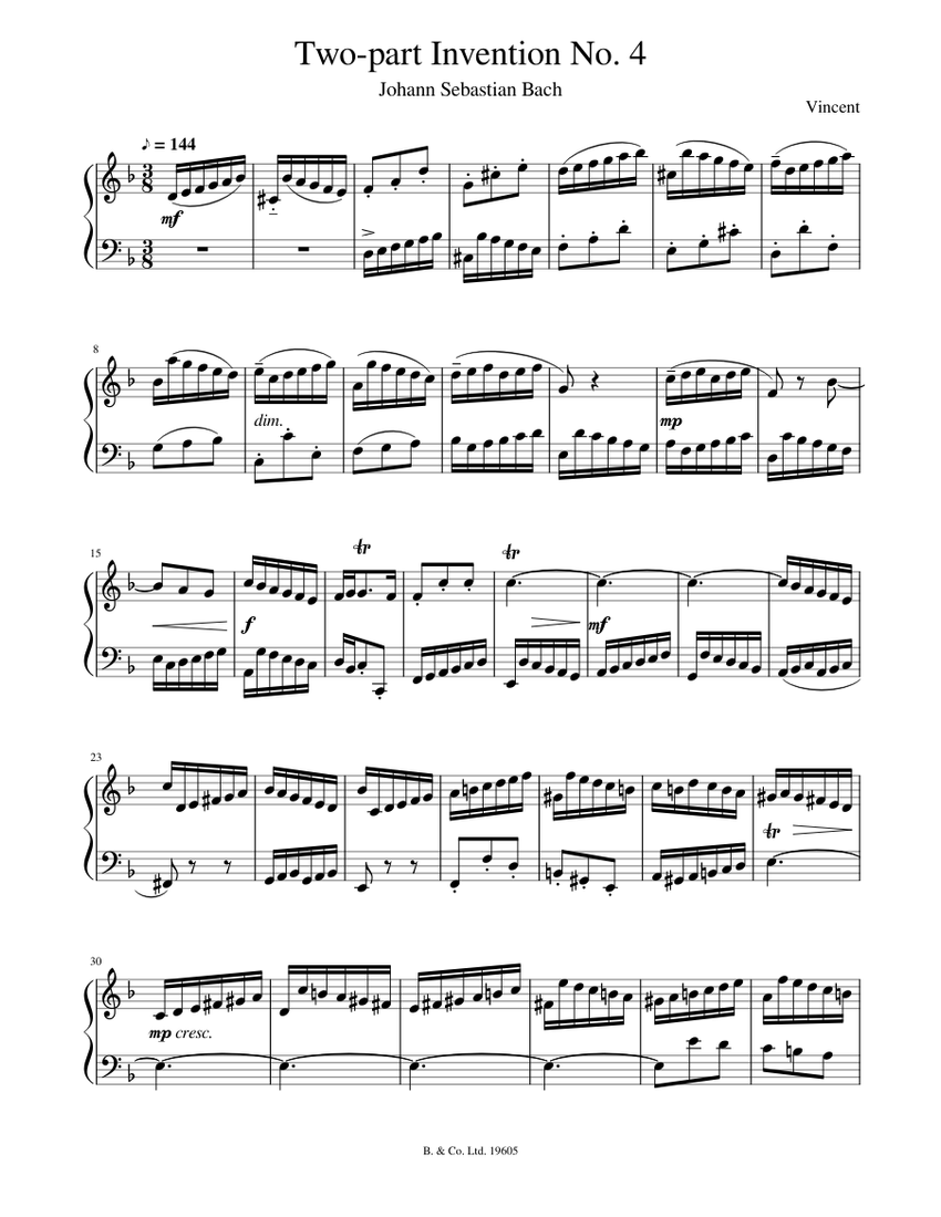 Bach - Two-Part Invention No. 4 Sheet music for Piano (Solo ...